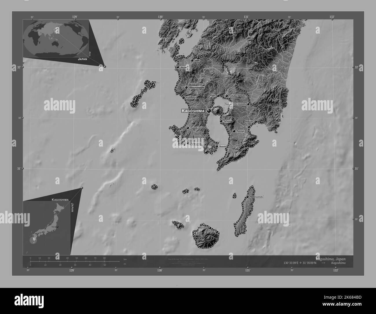 Kagoshima, prefecture of Japan. Bilevel elevation map with lakes and ...