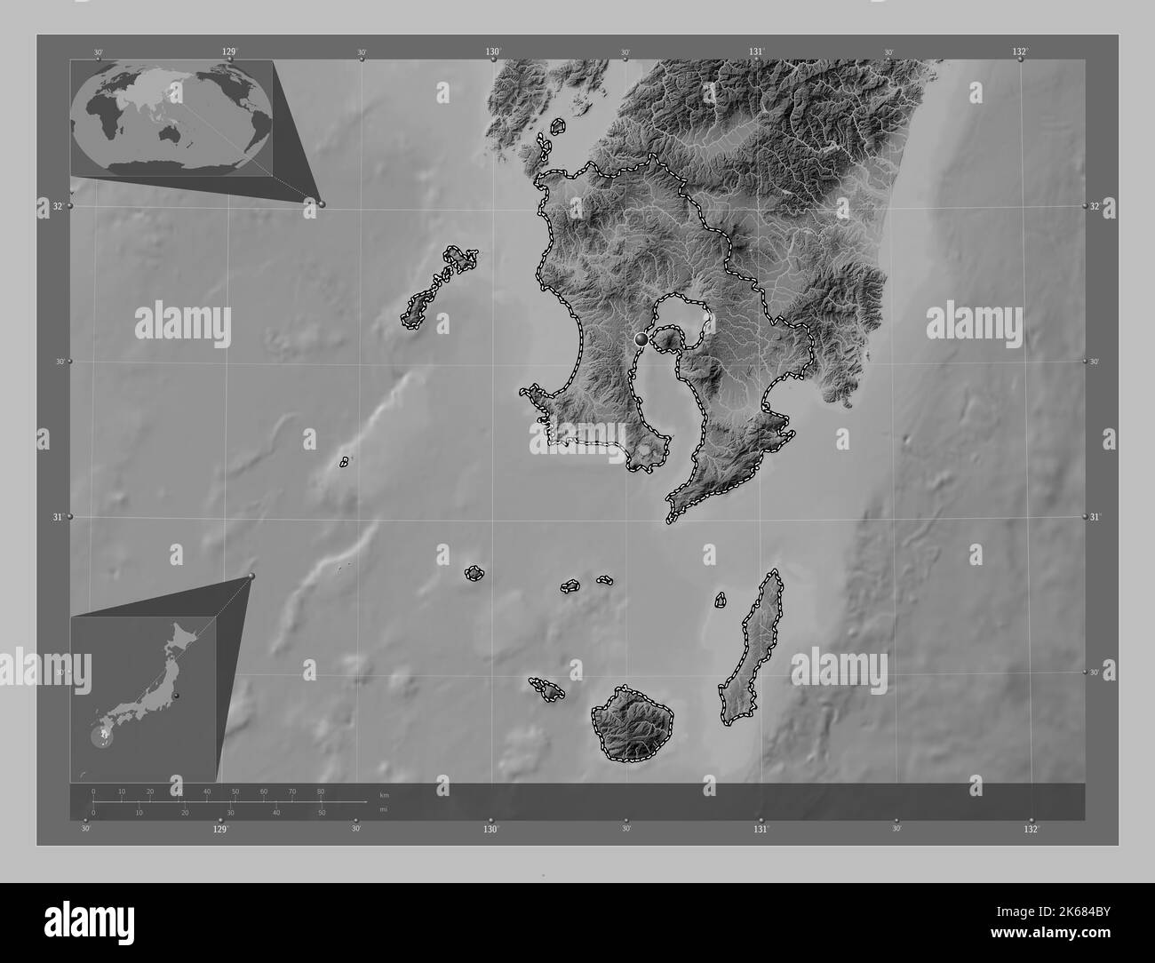 Kagoshima, prefecture of Japan. Grayscale elevation map with lakes and ...
