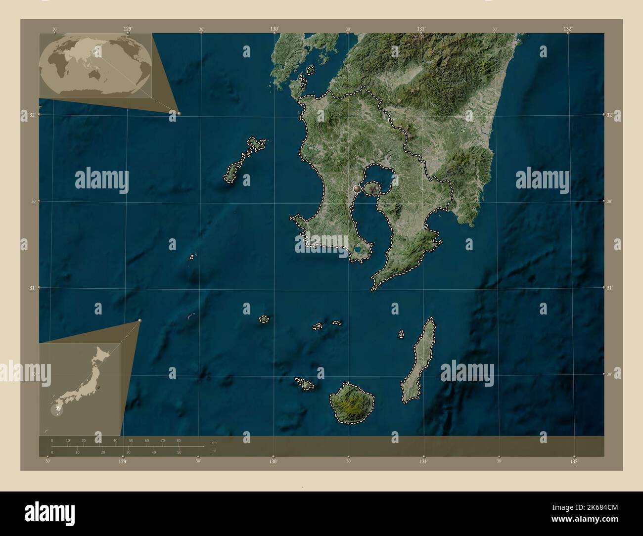Kagoshima, prefecture of Japan. High resolution satellite map. Corner ...