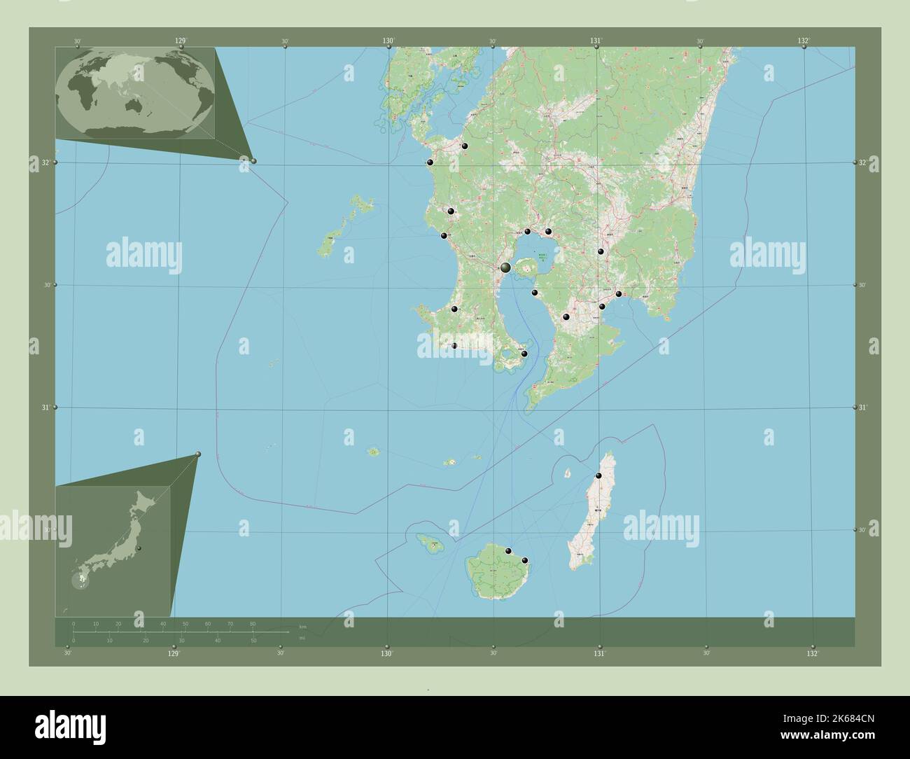 Kagoshima, prefecture of Japan. Open Street Map. Locations of major ...