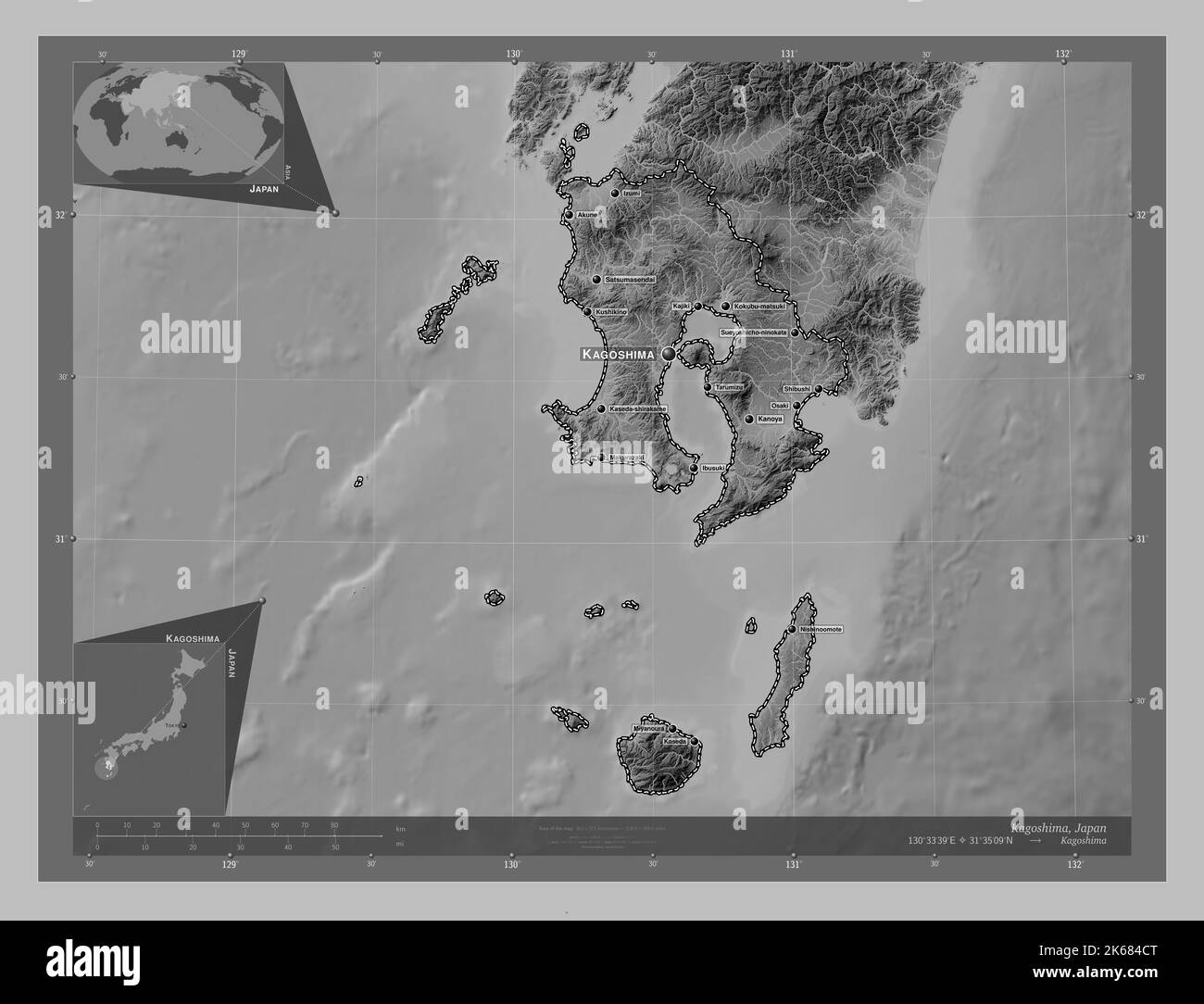 Kagoshima, prefecture of Japan. Grayscale elevation map with lakes and ...