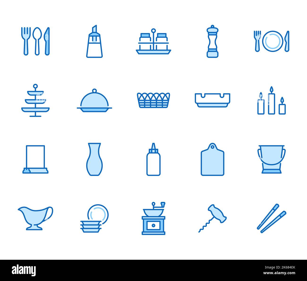 Crockery line icon set. Table setting - sugar bowl, salt shaker, fork ...