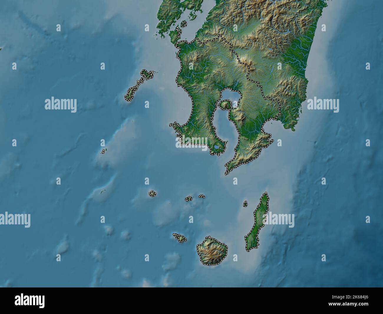 Kagoshima, prefecture of Japan. Colored elevation map with lakes and ...