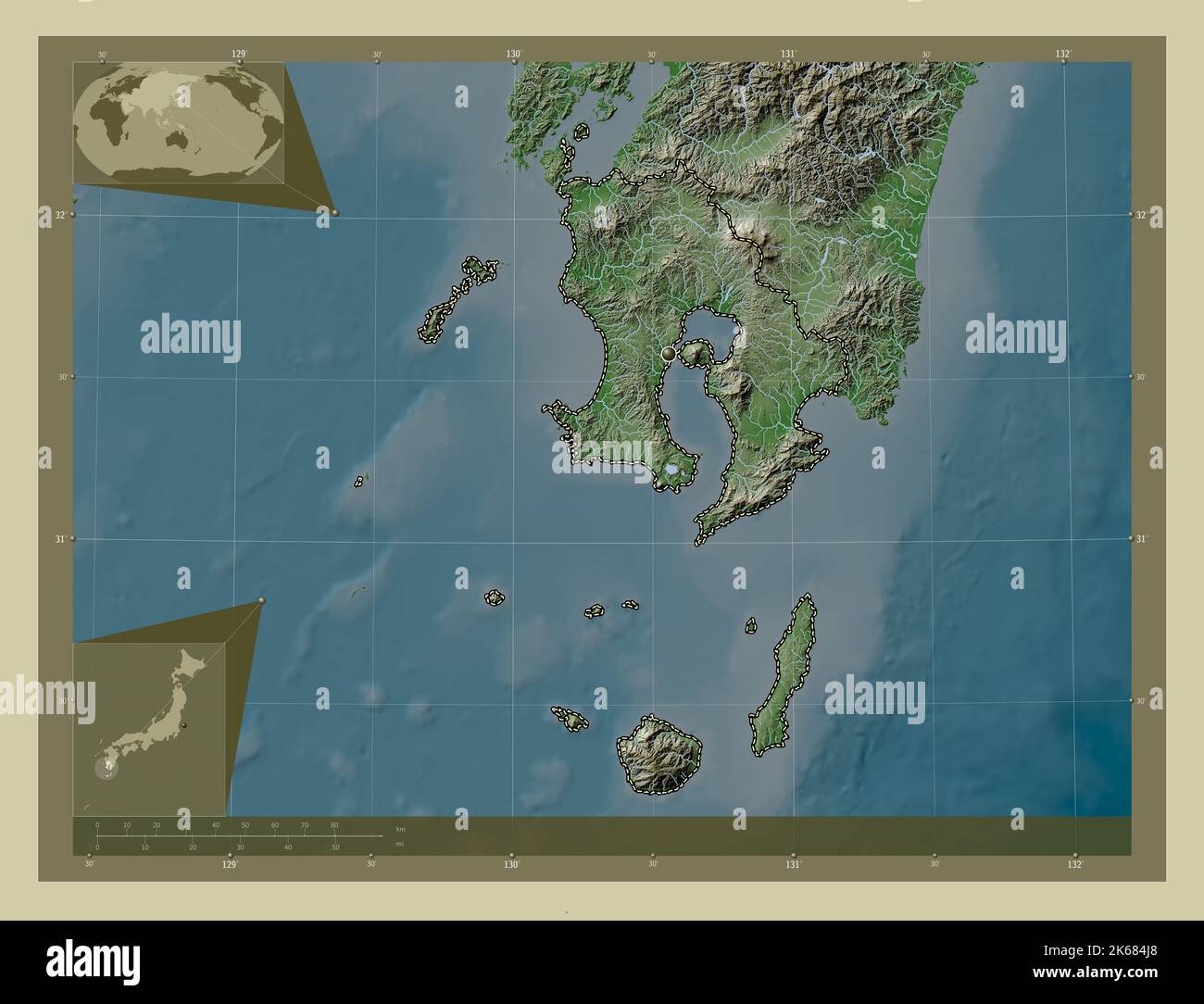 Kagoshima, prefecture of Japan. Elevation map colored in wiki style with lakes and rivers ...