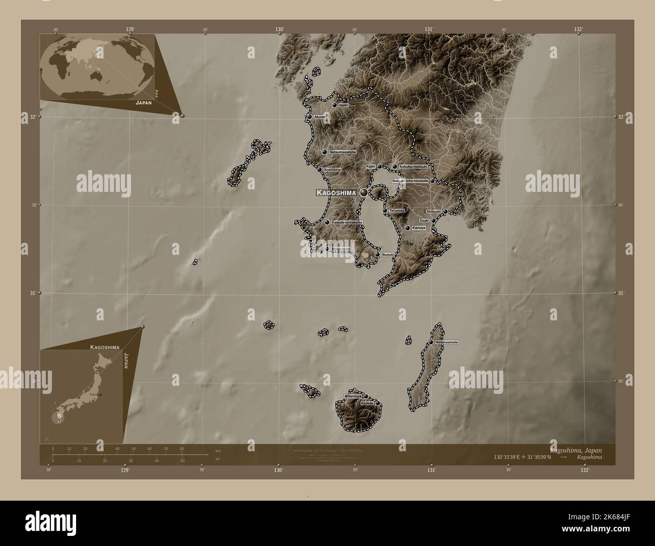 Kagoshima, prefecture of Japan. Elevation map colored in sepia tones ...