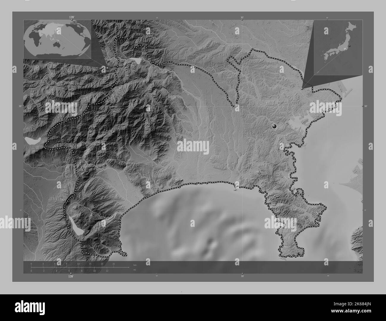 Kanagawa, prefecture of Japan. Grayscale elevation map with lakes and ...