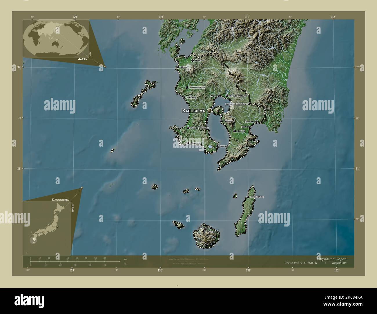 Kagoshima, prefecture of Japan. Elevation map colored in wiki style ...