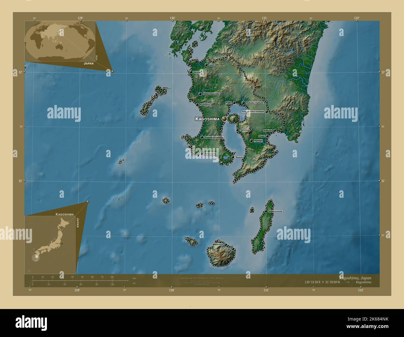 Kagoshima, prefecture of Japan. Colored elevation map with lakes and ...