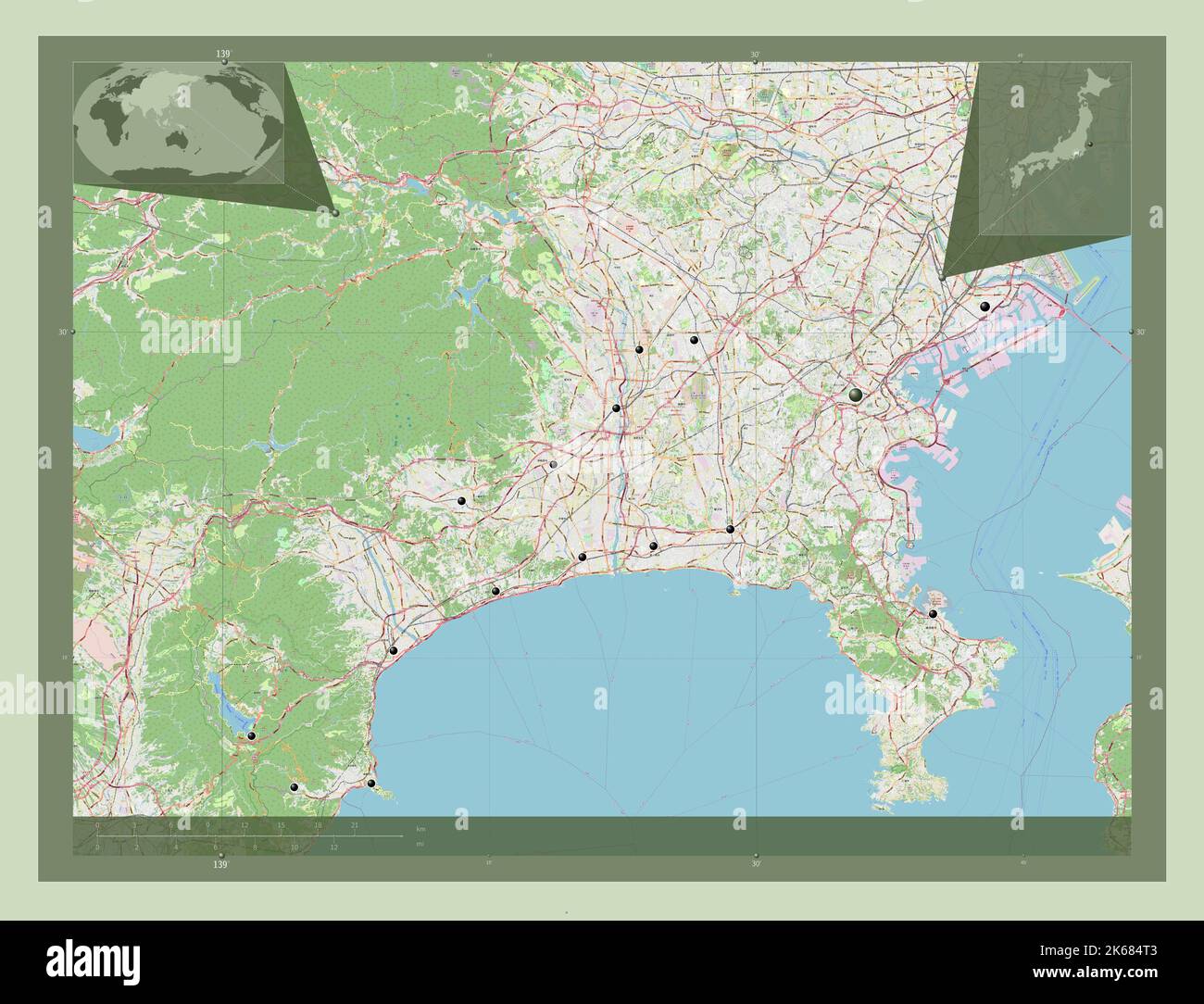 Kanagawa, prefecture of Japan. Open Street Map. Locations of major ...