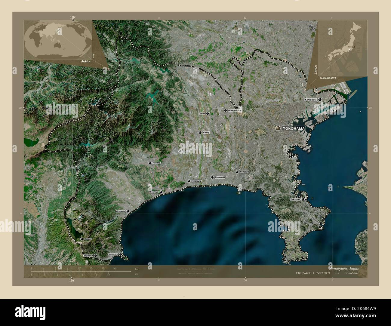 Kanagawa, prefecture of Japan. High resolution satellite map. Locations ...