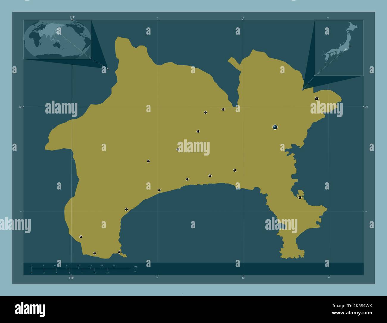 Kanagawa, prefecture of Japan. Solid color shape. Locations of major ...
