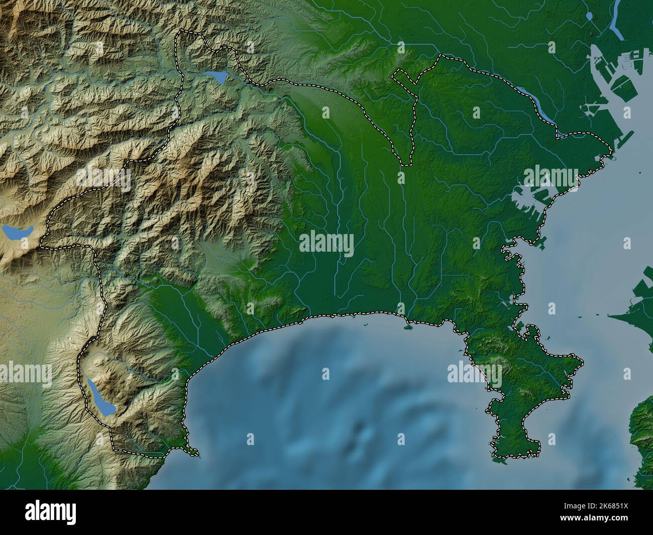 Kanagawa, prefecture of Japan. Colored elevation map with lakes and ...