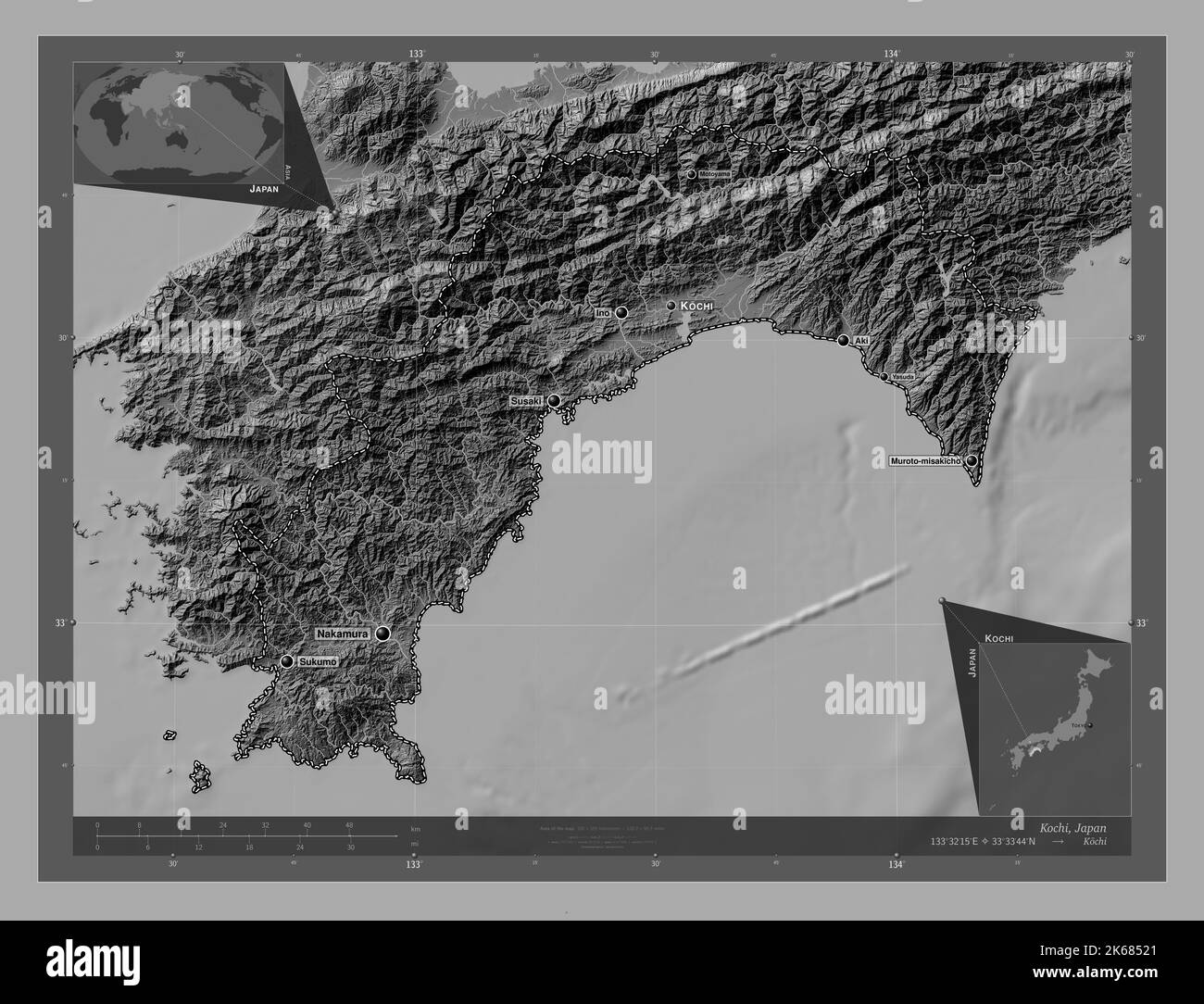 Kochi, prefecture of Japan. Bilevel elevation map with lakes and rivers ...