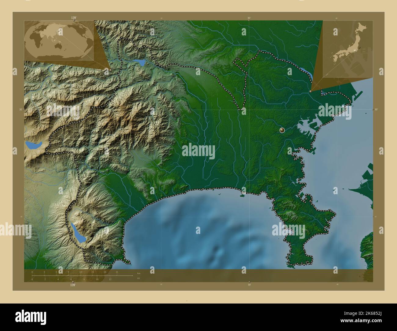 Kanagawa, prefecture of Japan. Colored elevation map with lakes and ...