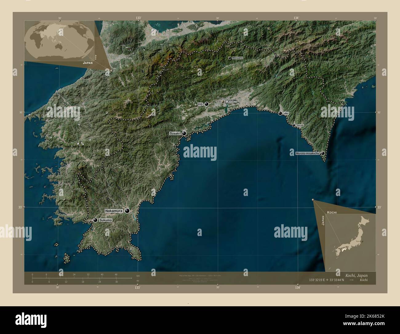 Kochi, prefecture of Japan. High resolution satellite map. Locations ...