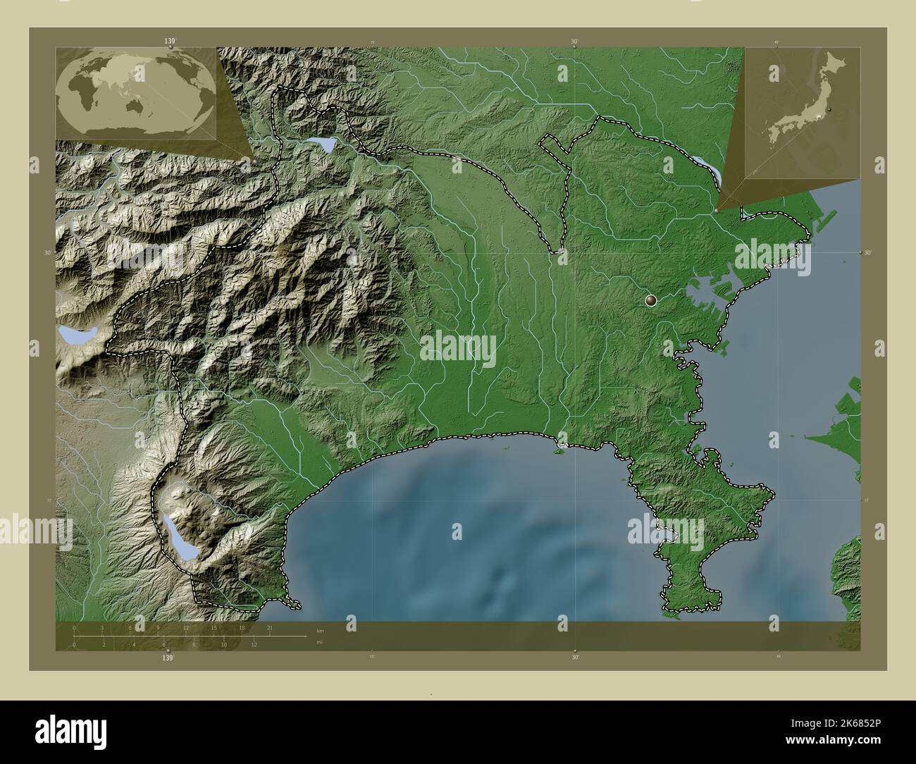 Kanagawa, prefecture of Japan. Elevation map colored in wiki style with ...