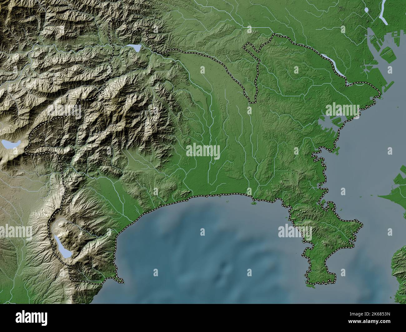 Kanagawa, prefecture of Japan. Elevation map colored in wiki style with ...