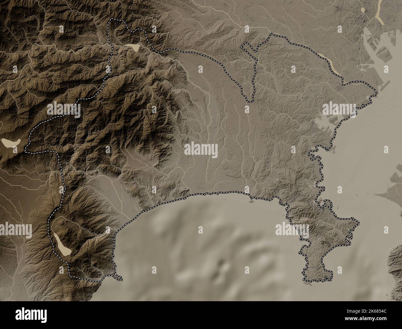 Kanagawa, prefecture of Japan. Elevation map colored in sepia tones ...