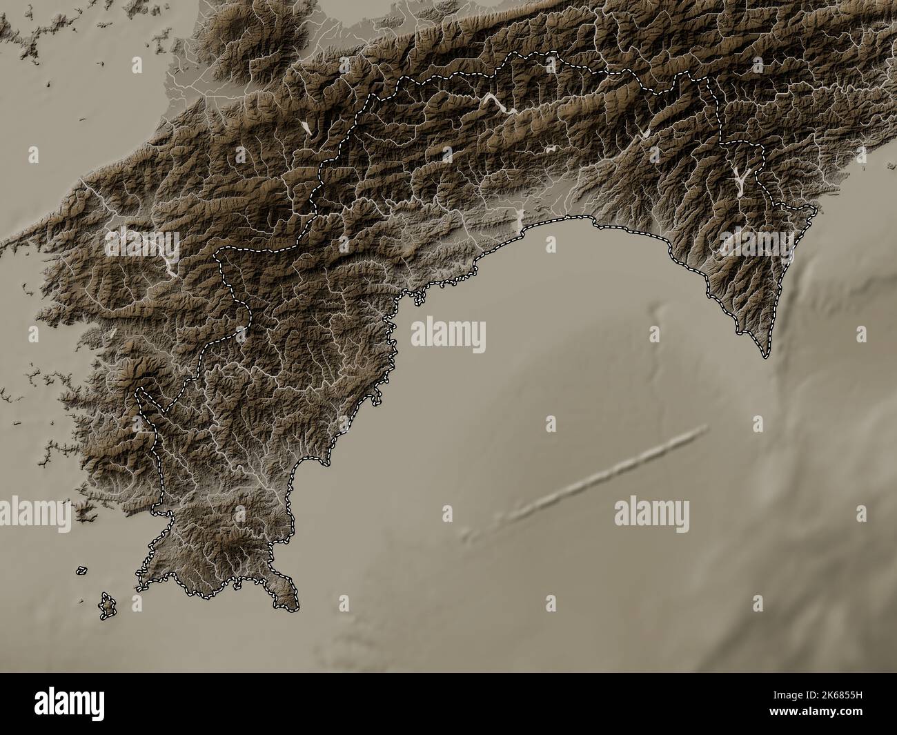 Kochi, prefecture of Japan. Elevation map colored in sepia tones with ...