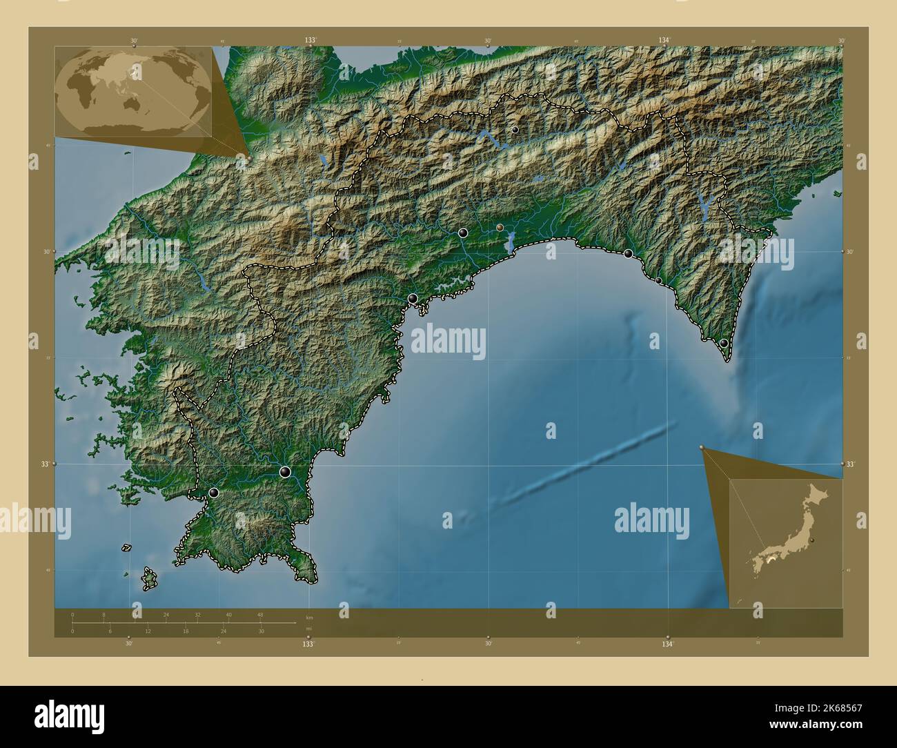 Kochi, prefecture of Japan. Colored elevation map with lakes and rivers ...
