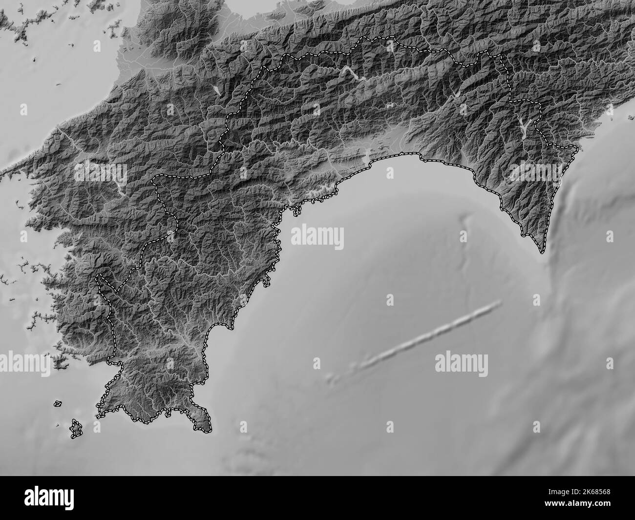 Kochi, prefecture of Japan. Grayscale elevation map with lakes and ...