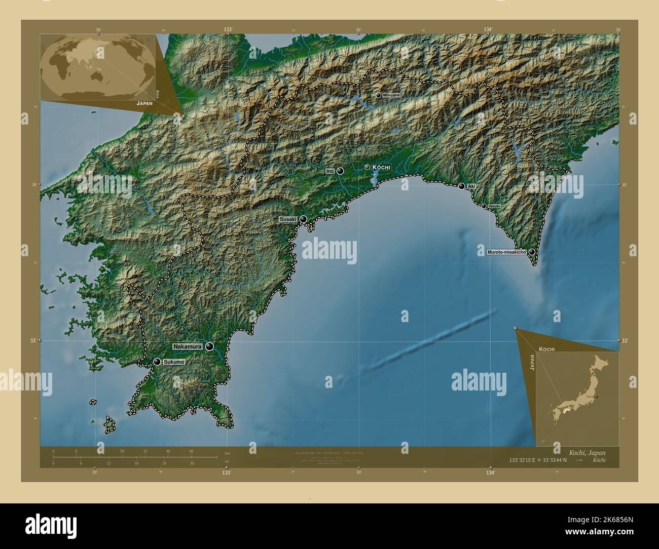 Kochi, prefecture of Japan. Colored elevation map with lakes and rivers ...