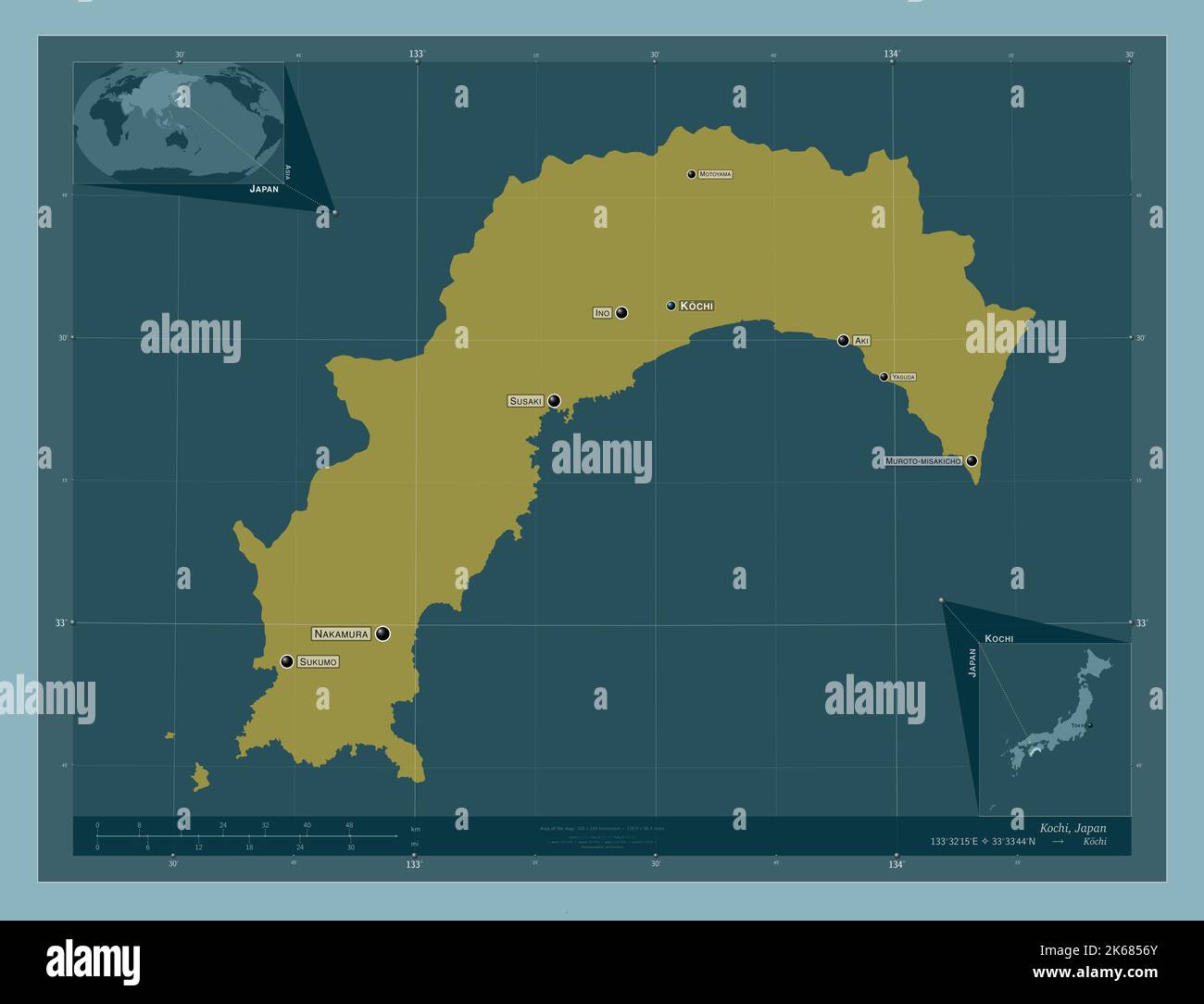 Kochi, prefecture of Japan. Solid color shape. Locations and names of ...