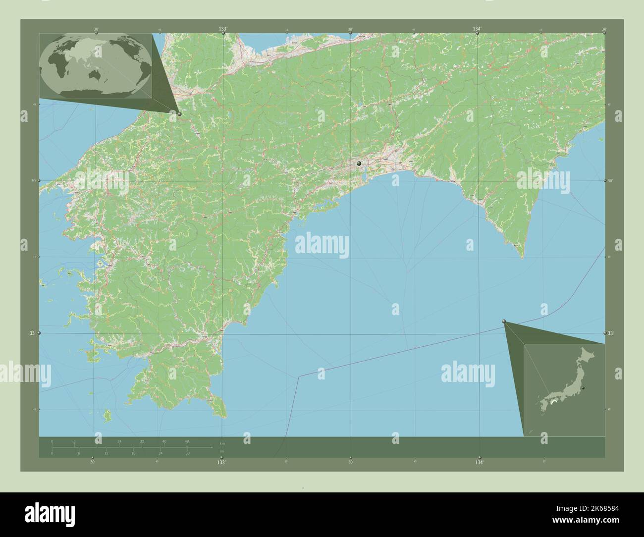 Kochi, prefecture of Japan. Open Street Map. Corner auxiliary location ...