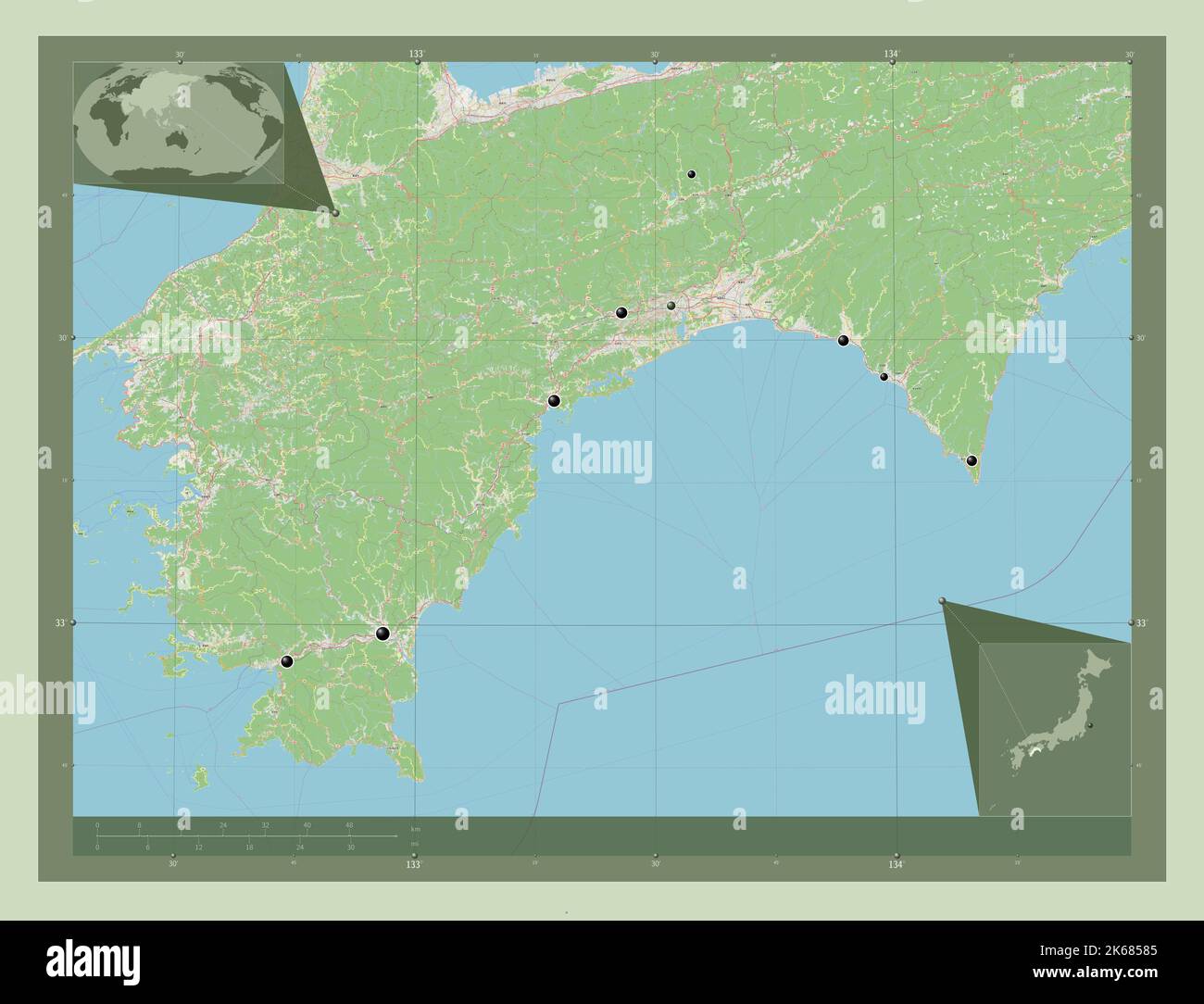 Kochi, prefecture of Japan. Open Street Map. Locations of major cities ...
