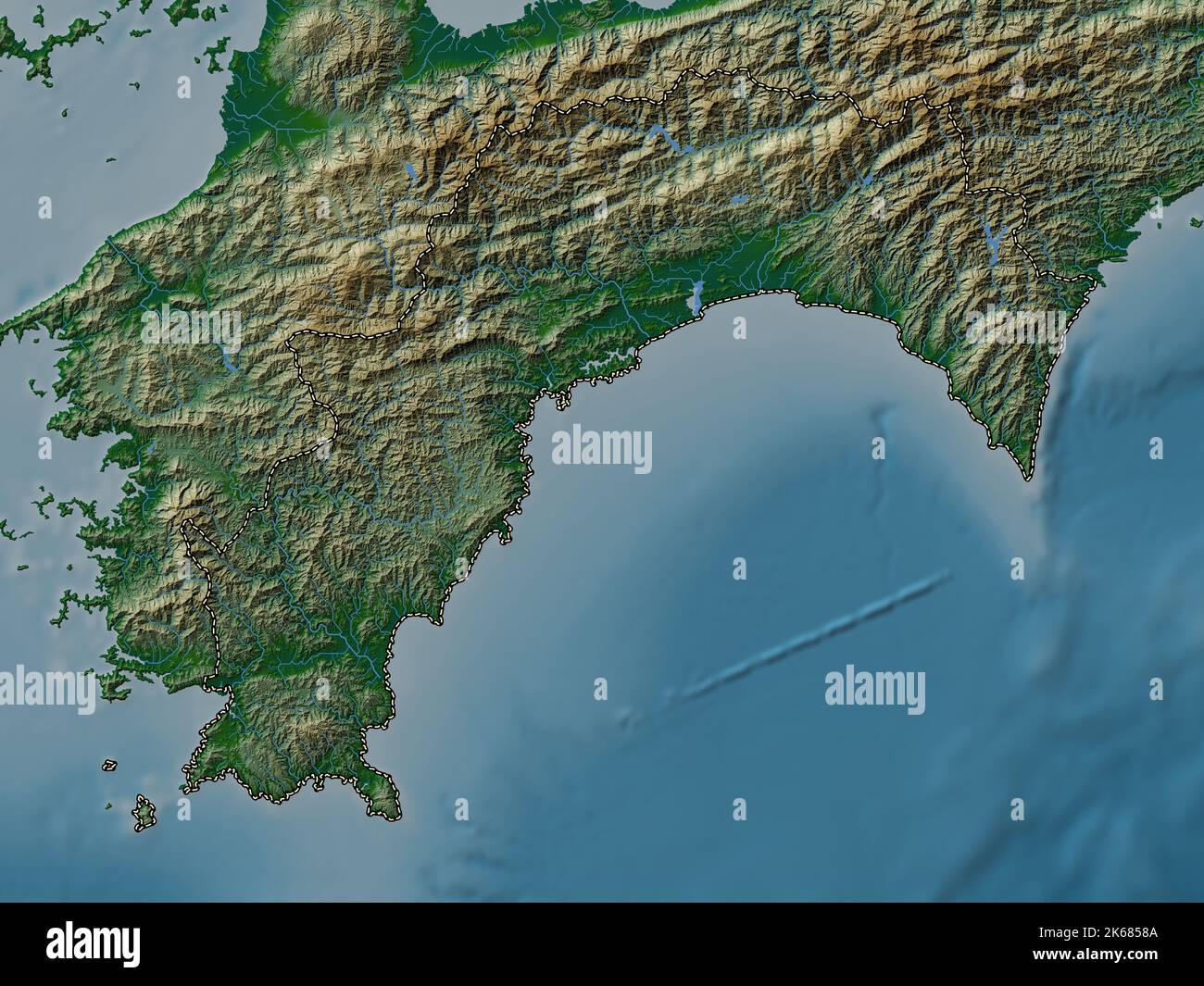 Kochi, prefecture of Japan. Colored elevation map with lakes and rivers ...