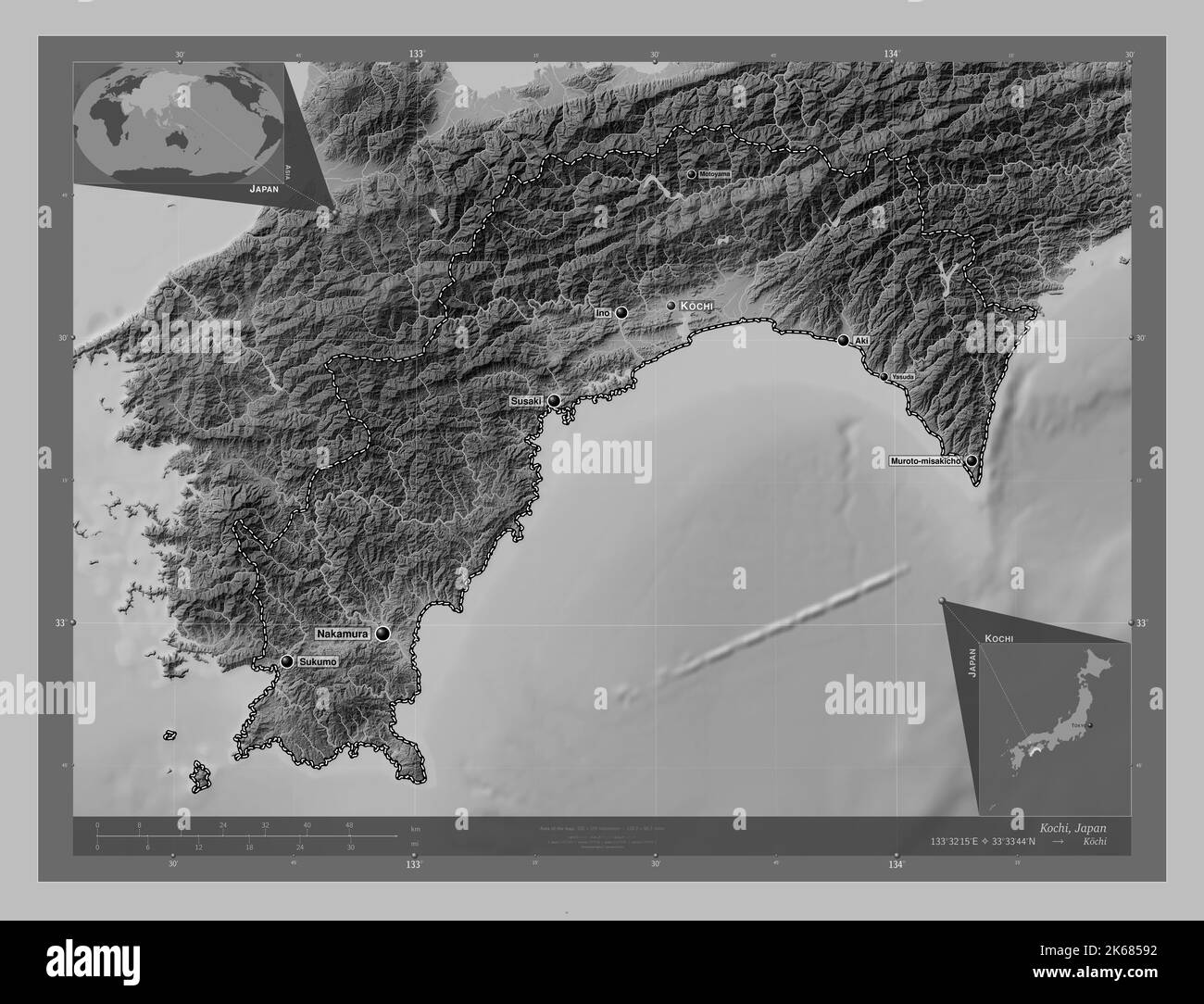 Kochi, prefecture of Japan. Grayscale elevation map with lakes and ...