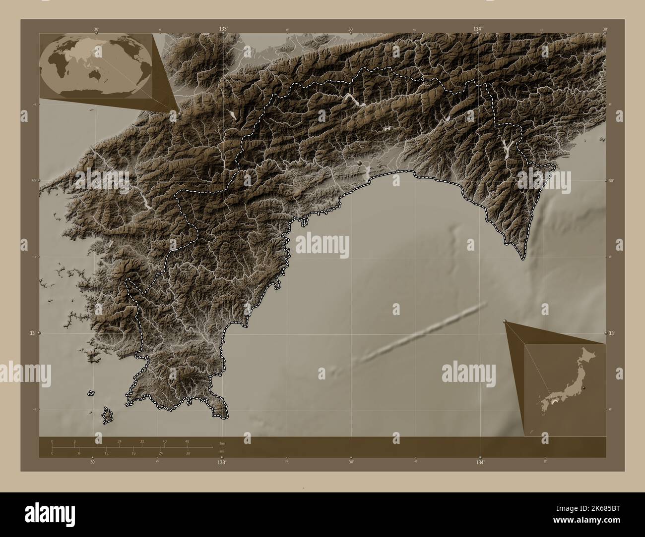 Kochi, prefecture of Japan. Elevation map colored in sepia tones with ...