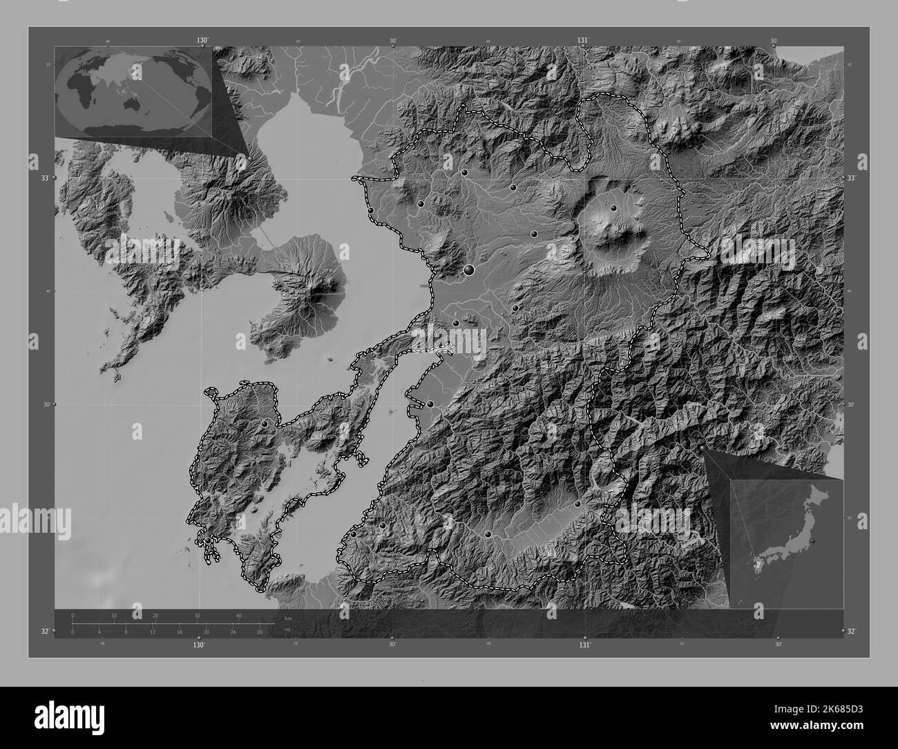 Kumamoto, prefecture of Japan. Bilevel elevation map with lakes and ...