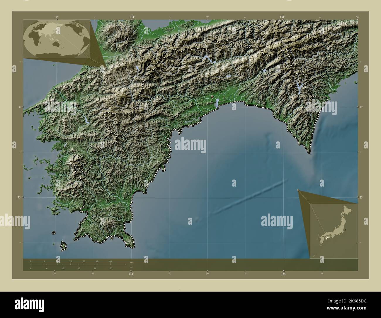 Kochi, prefecture of Japan. Elevation map colored in wiki style with ...