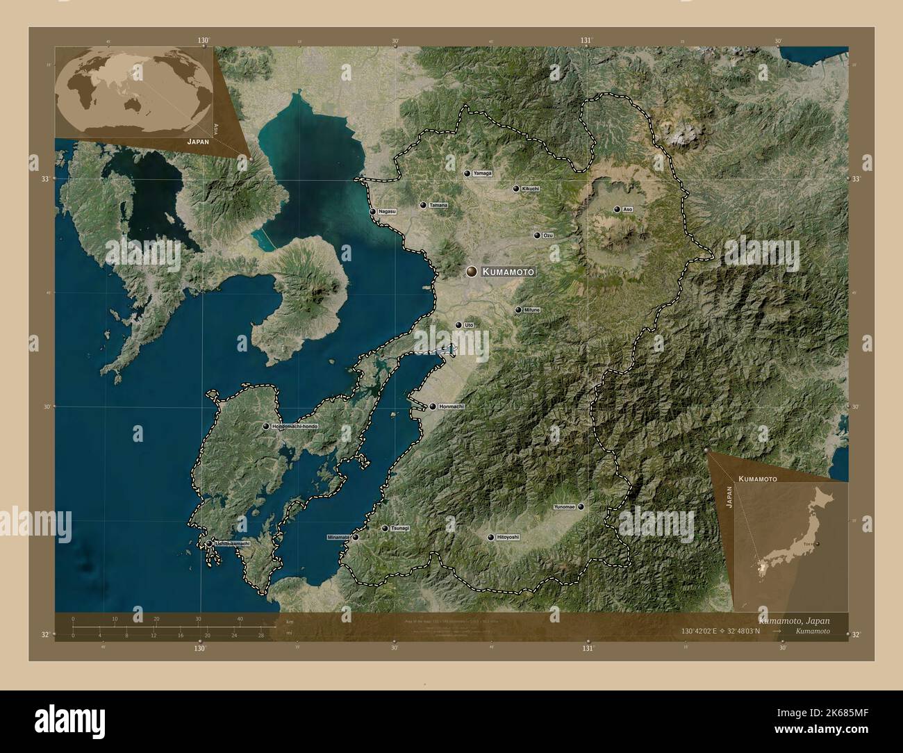 Kumamoto, prefecture of Japan. Low resolution satellite map. Locations ...