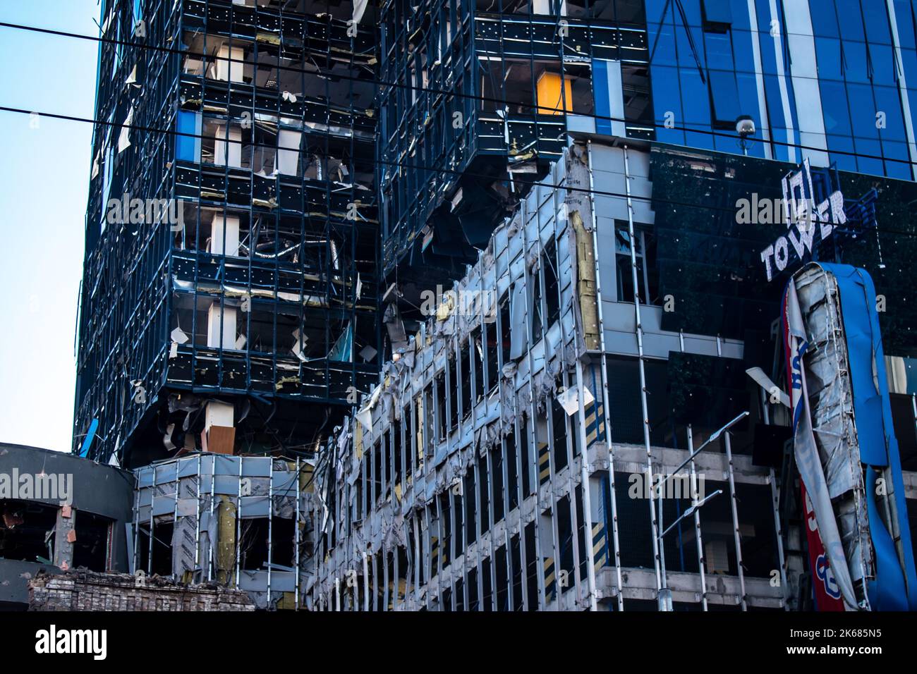 Aftermath of massive Russian missile attacks, an office building near ...