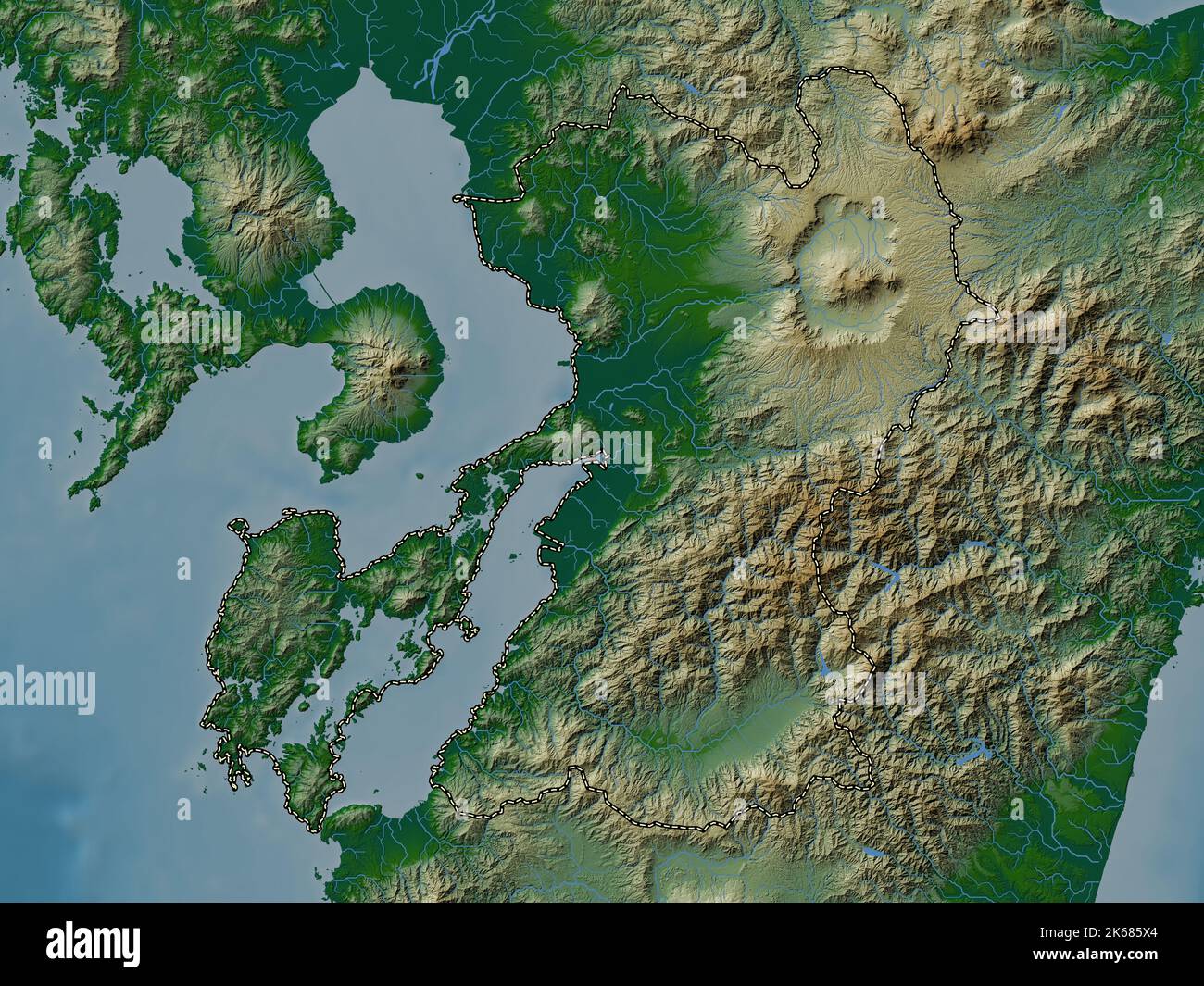 Kumamoto, prefecture of Japan. Colored elevation map with lakes and ...