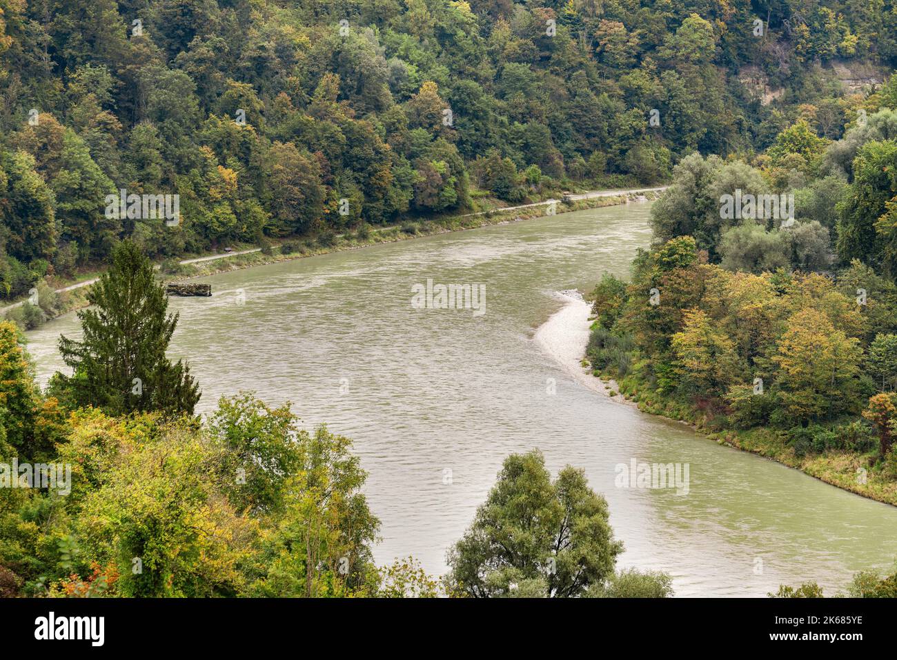 A bend in a river in mountainous terrain surrounded by forest Stock ...