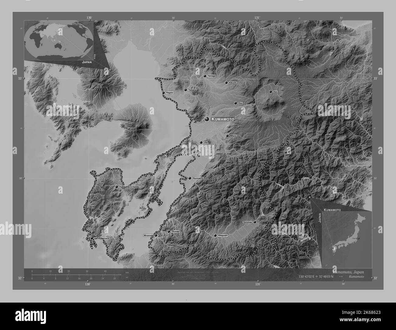 Kumamoto, prefecture of Japan. Grayscale elevation map with lakes and ...