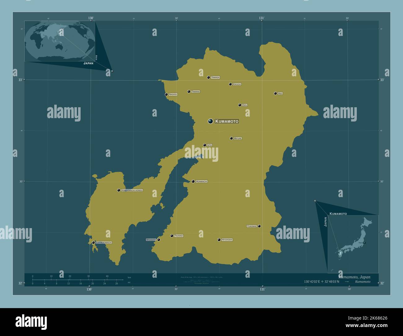 Kumamoto, prefecture of Japan. Solid color shape. Locations and names ...
