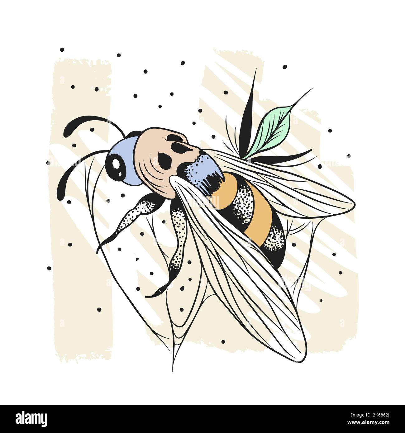 Mystical bee with a skull, contour drawing, graphics, strokes, pastel ...