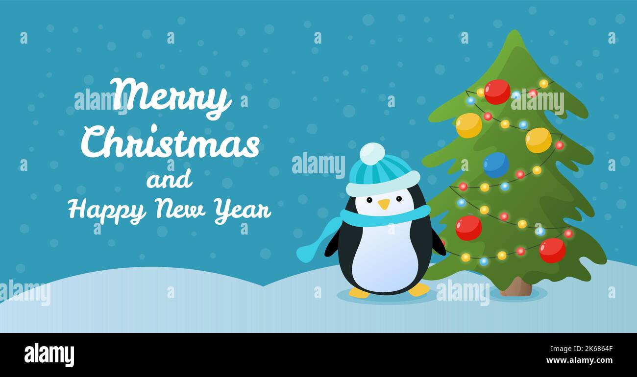 Greetings card with a cartoon penguin sitting near the Christmas tree ...