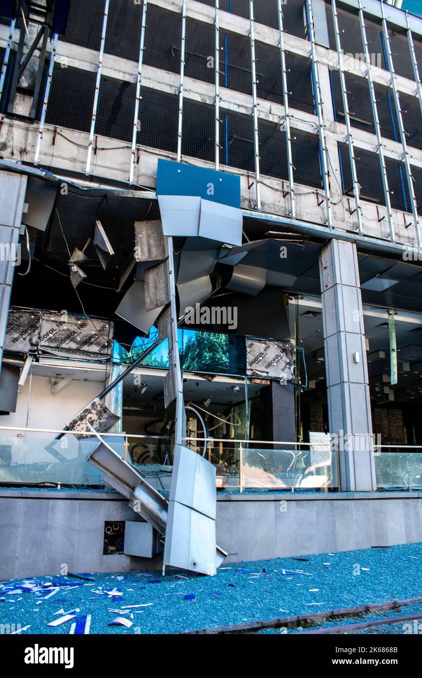 Aftermath of massive Russian missile attacks, an office building near ...