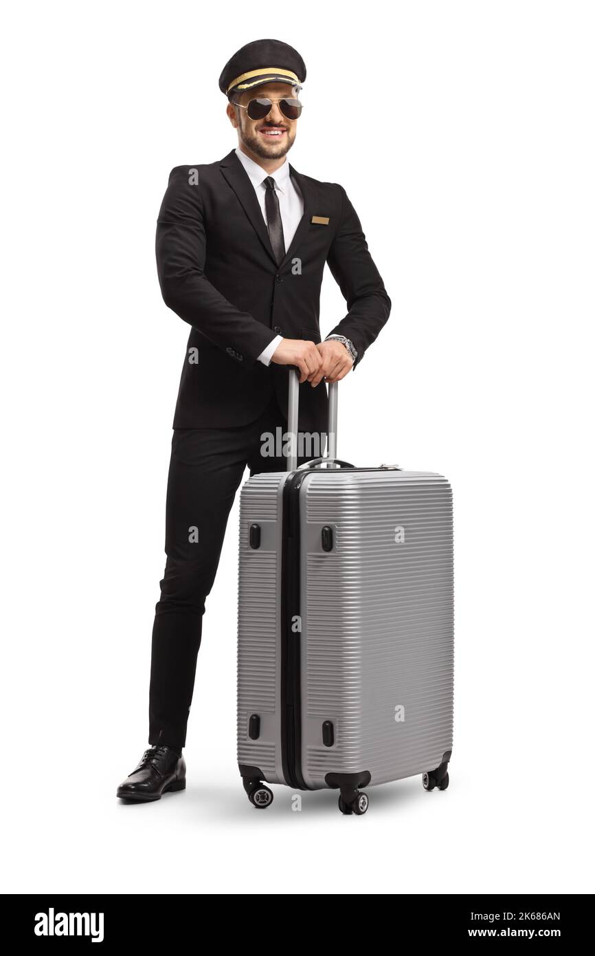 Full length portrait of a pilot with sunglasses posing with a suitcase ...