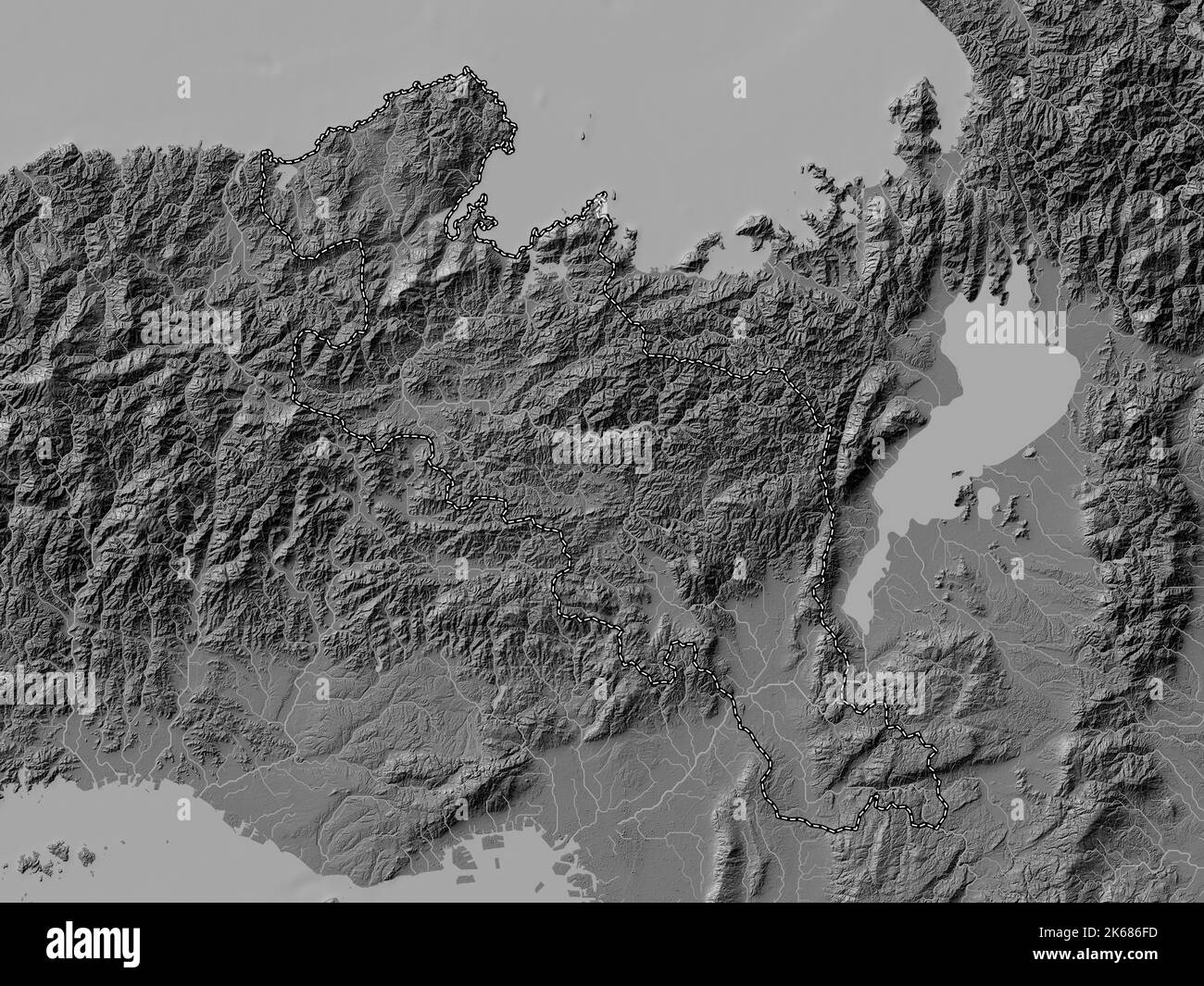 Kyoto, urban prefecture of Japan. Bilevel elevation map with lakes and ...