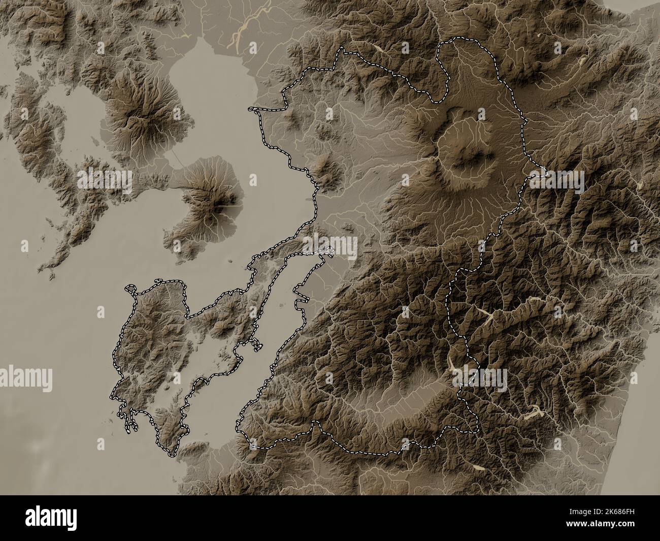 Kumamoto, prefecture of Japan. Elevation map colored in sepia tones ...
