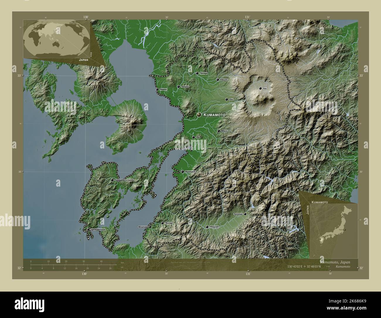 Kumamoto, prefecture of Japan. Elevation map colored in wiki style with ...