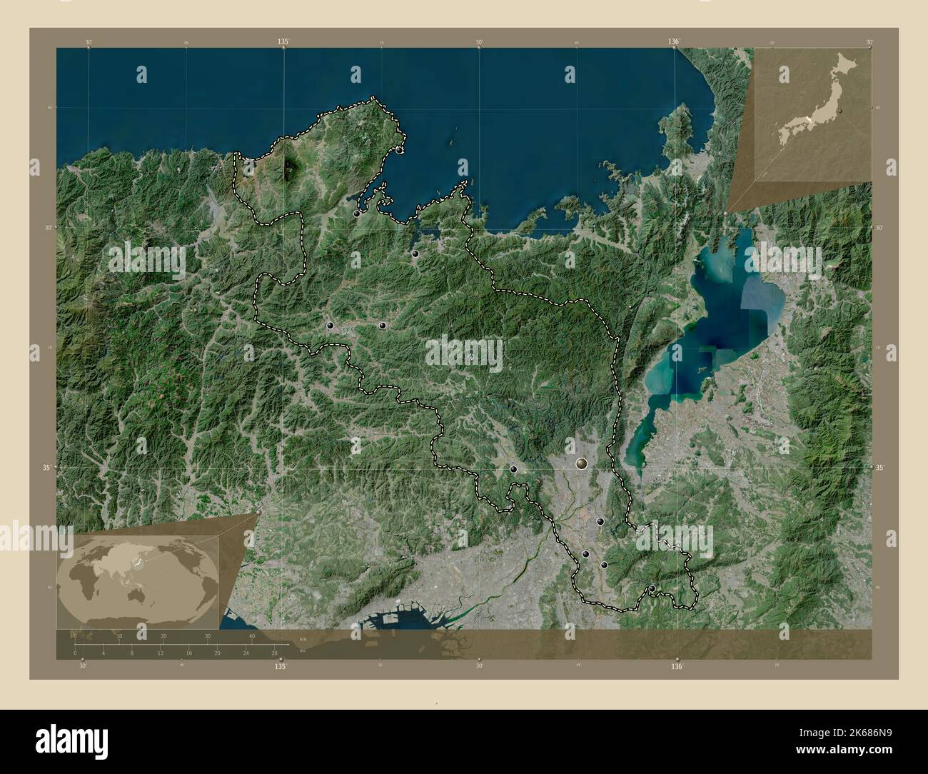 Kyoto, urban prefecture of Japan. High resolution satellite map ...