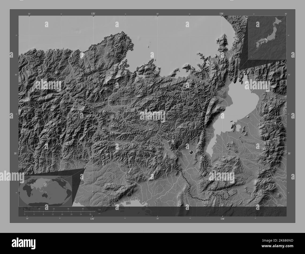 Kyoto, urban prefecture of Japan. Bilevel elevation map with lakes and ...
