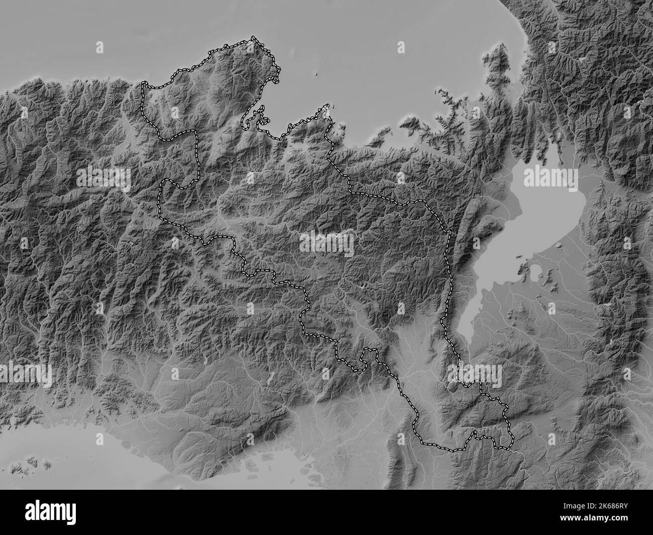 Kyoto, urban prefecture of Japan. Grayscale elevation map with lakes ...